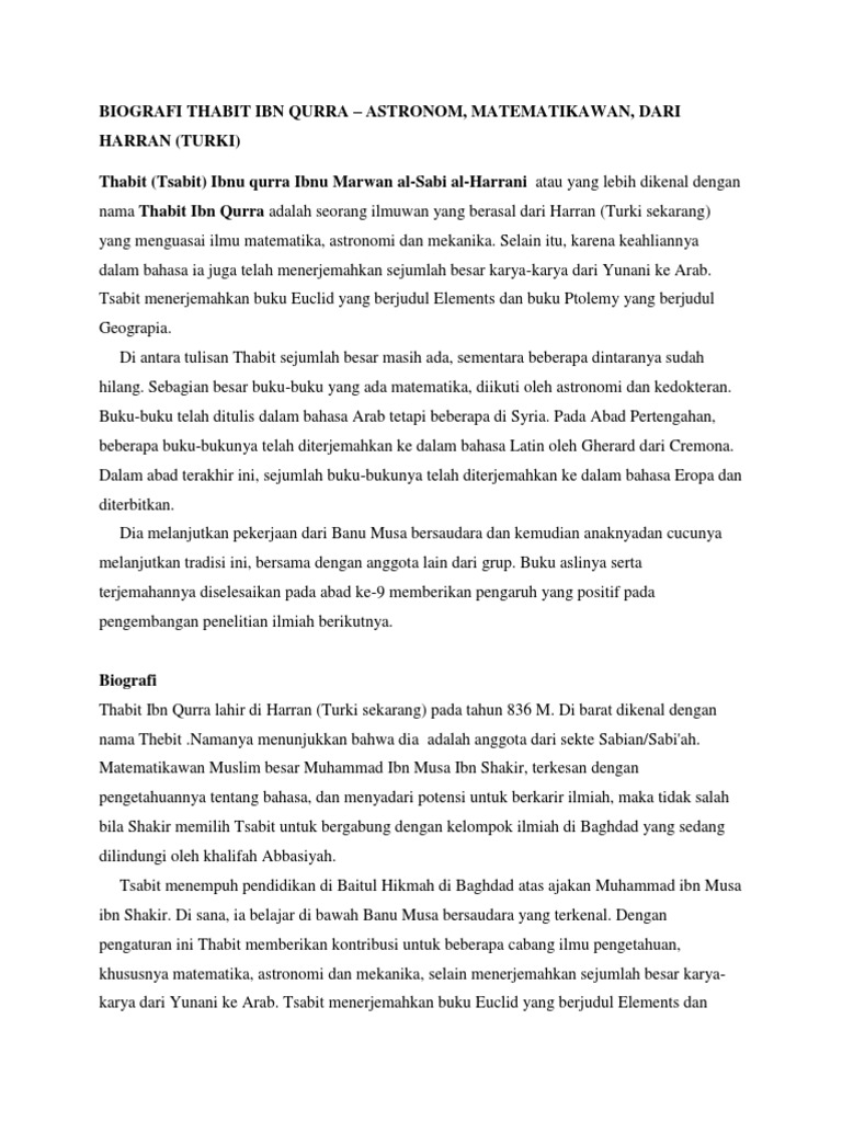 Biografi Thabit Ibn Qurra, Ilmuwan Terkenal | PDF | Ilmu Sosial