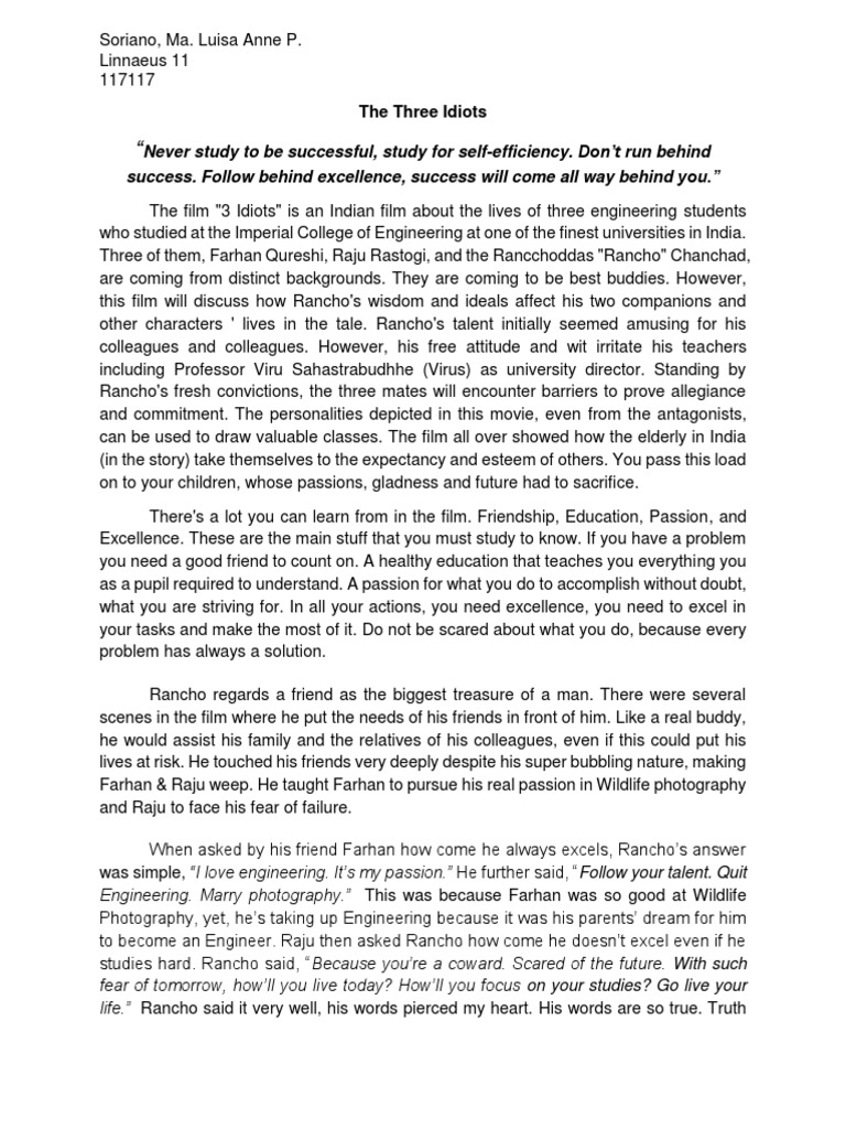 The Three Idiots Reflection Paper | PDF