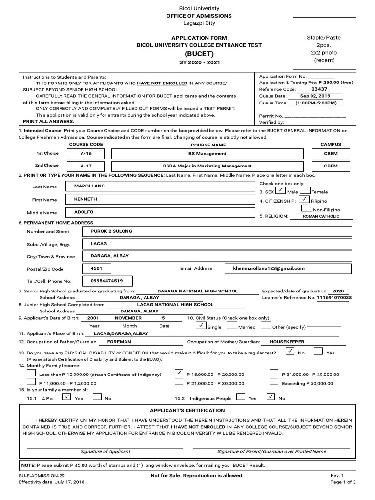 Application for Admission to Bicol University and Instructions for ...