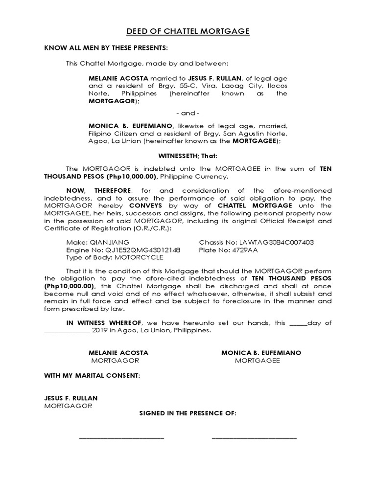 Deed of Chattel Mortgage_jesus Rullan | Mortgage Law | Civil Law ...