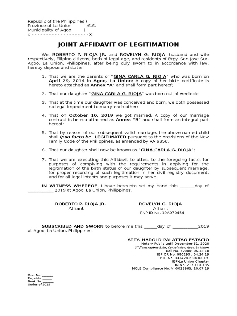 Joint Affidavit of Legitimation-Rioja | PDF | Affidavit | Marriage