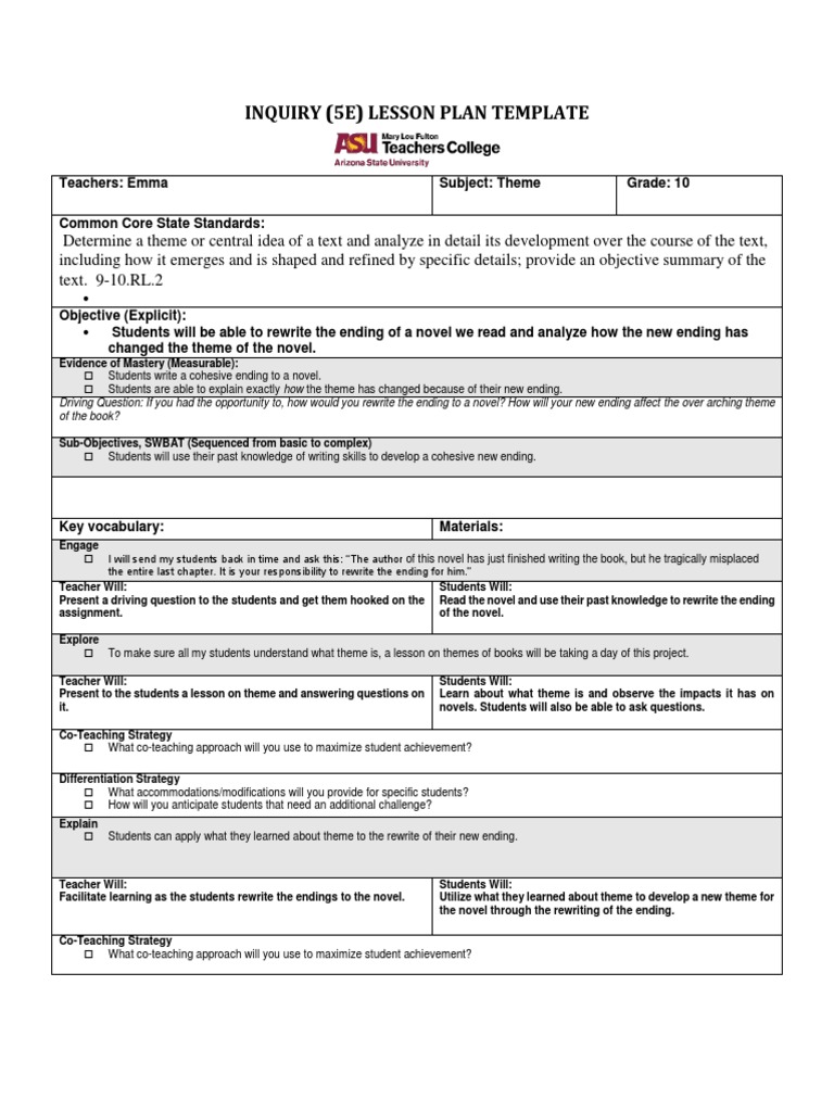 Inquiry 5e Lesson Plan Template | PDF | Lesson Plan | Pedagogy