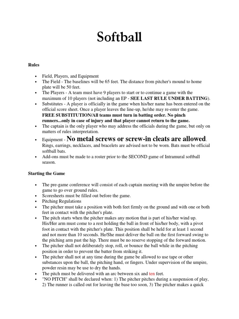 Softball Rules | Download Free PDF | Softball | Baseball Field