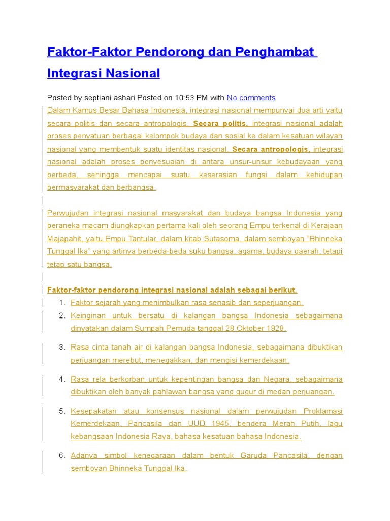 Faktor-Faktor Pendorong Dan Penghambat Integrasi Nasional | PDF