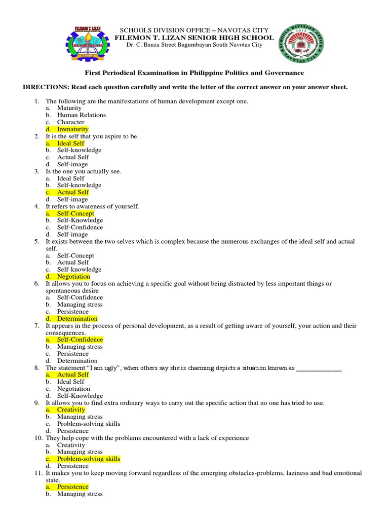 1st Quarterly Exam in Personal Development Sy 2019-2020 - Answer Key ...