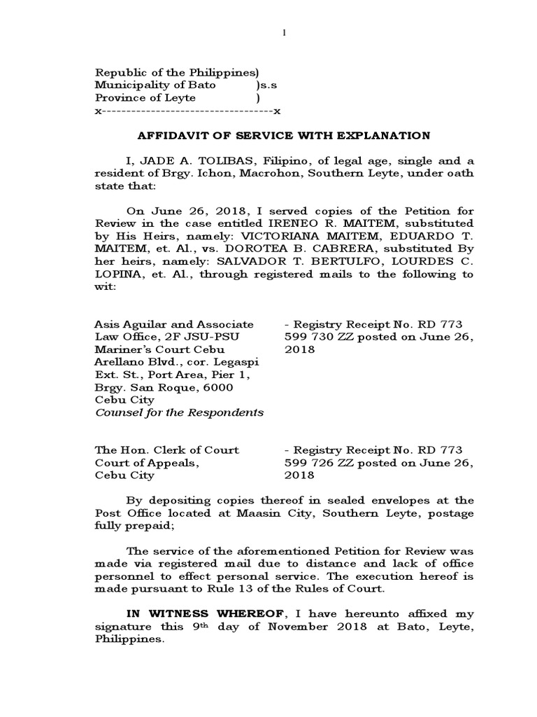Affidavit of Service With Explanation (Jade Tolibas) | Download Free ...