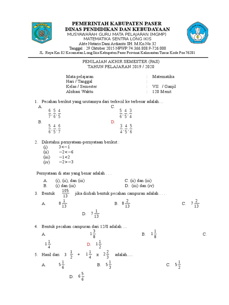 Soal Pas Ganjil Kelas Vii 1920 | PDF