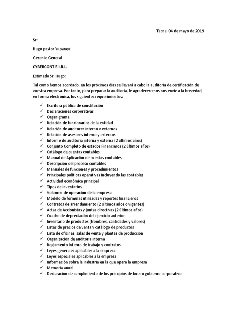 Carta de Requerimiento de Informacion Auditoria Financiera | PDF