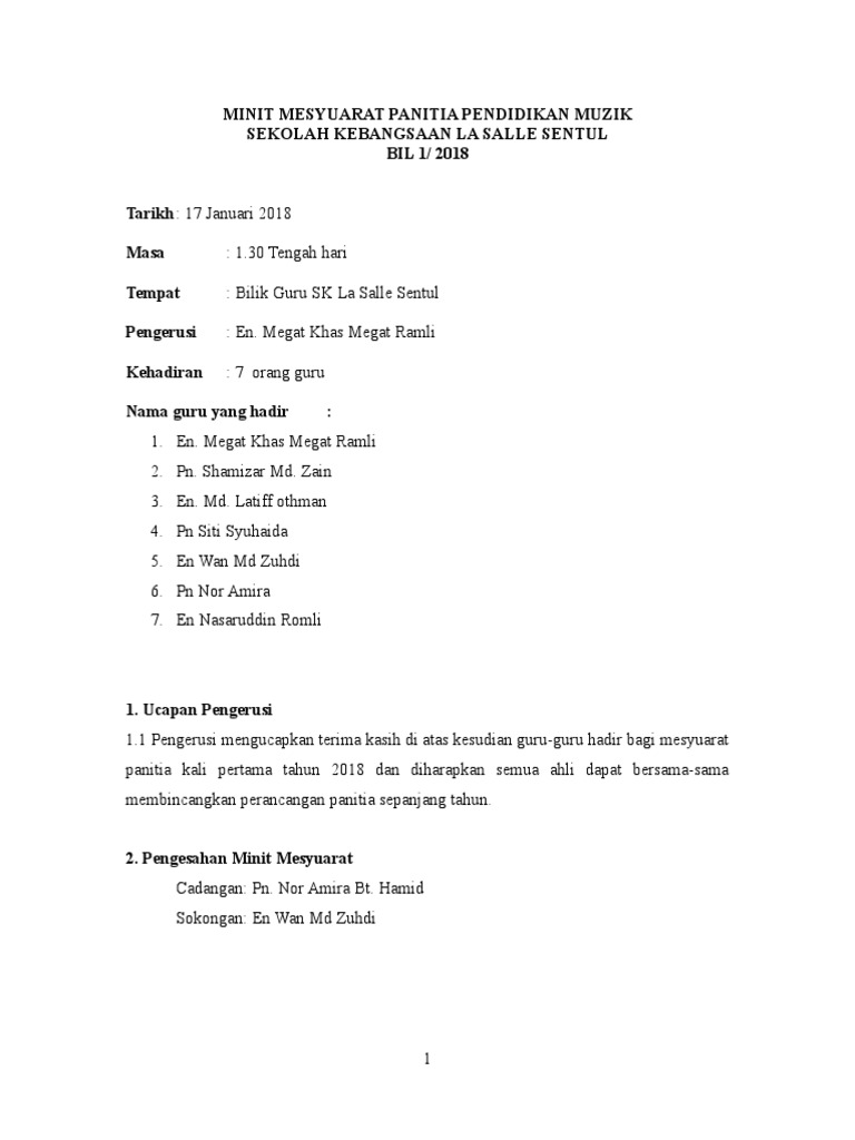 MINIT MESYUARAT Pertama Panitia Muzik | PDF