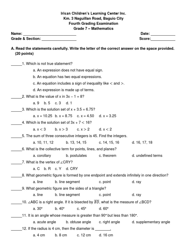Fourth Grading Exam 2019 | PDF | Triangle | Perpendicular