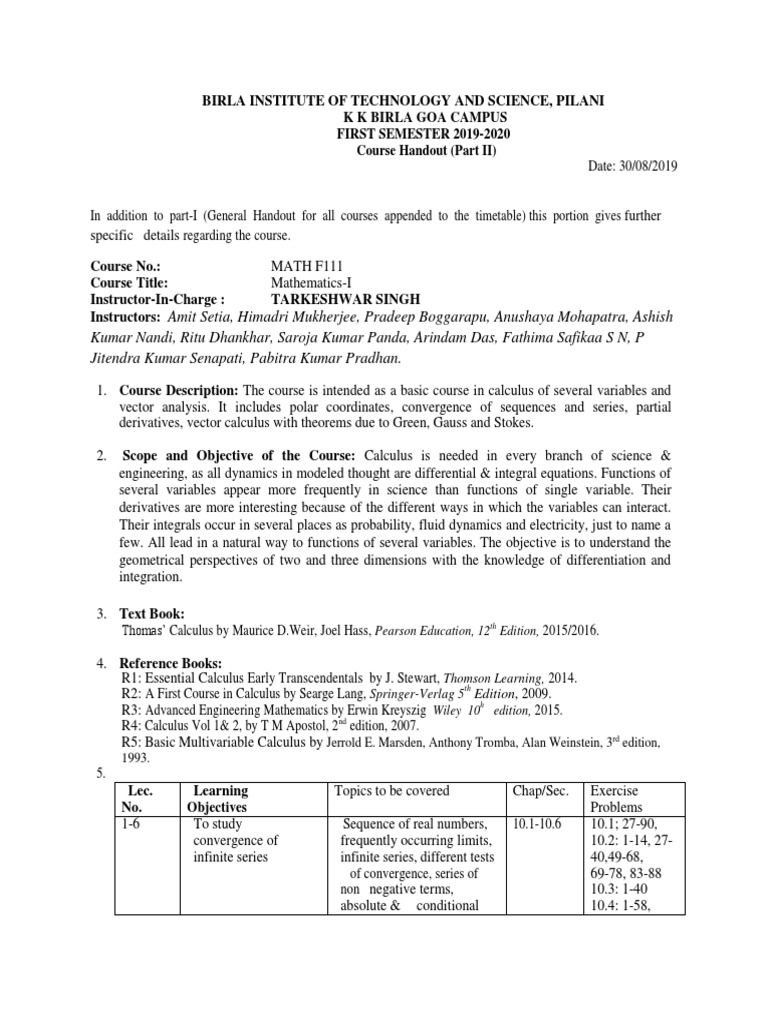 Math F111 Handout Pdf Integral Series Mathematics 