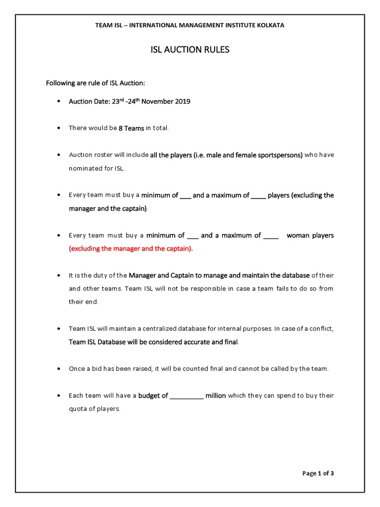 ISL Auction Rules | PDF | Auction | Auction Service