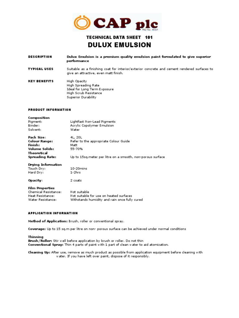 TDS Dulux Emulsion | Download Free PDF | Paint | Chemistry
