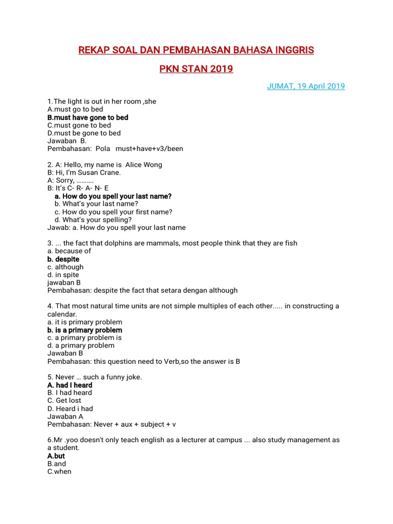 Rekap Soal Dan Pembahasan Bahasa Inggris Ke 4 | PDF