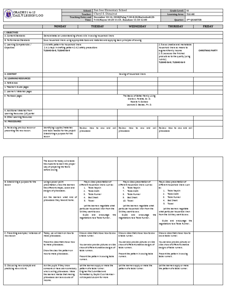 DLL - Tle-He 6 - Q3 - W4 | PDF | Linens | Rubric (Academic)