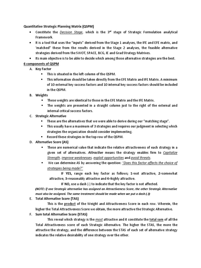 Quantitative Strategic Planning Matrix (QSPM) - PAM | PDF | Strategic ...