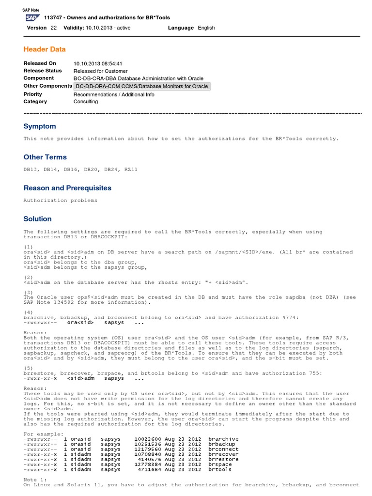 Owners and Authorizations For BRTools | PDF | Operating System | Oracle Corporation