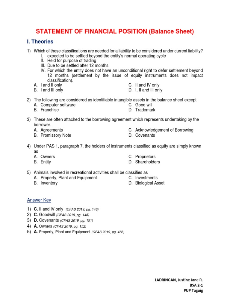 Statement of Financial Position (Balance Sheet) Test Bank | PDF ...