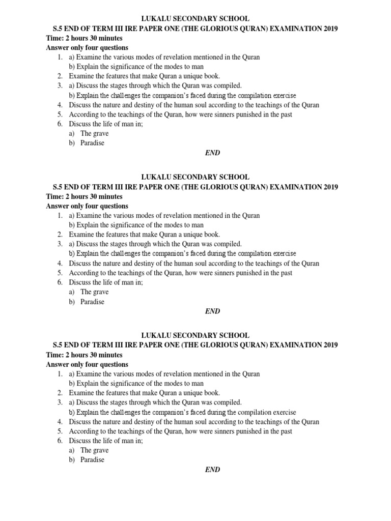 S.5 Ire Paper 1 | PDF | Quran | Islam