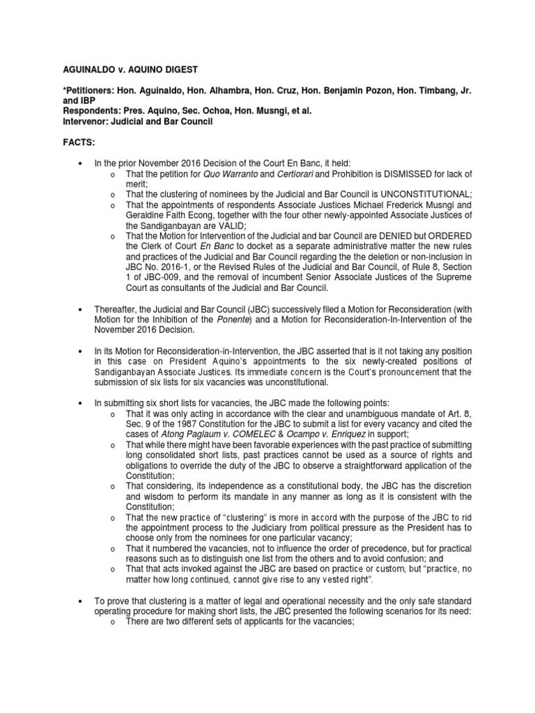 Aguinaldo v. Aquino Case Summary | PDF | Presidents Of The United ...