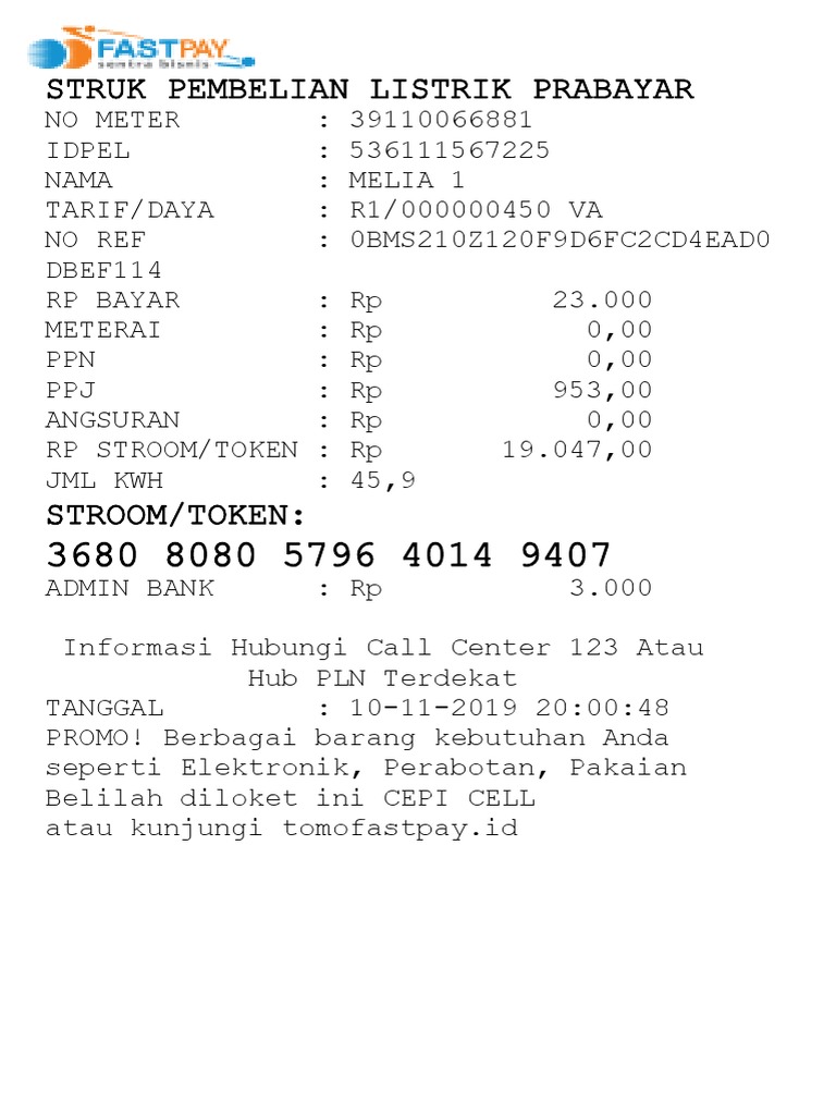Contoh Struk Fastpay Listrik | PDF