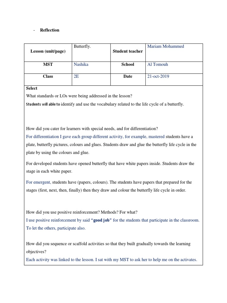 Butterfly Life Cycle Lesson Reflection | PDF | Classroom | Educational ...
