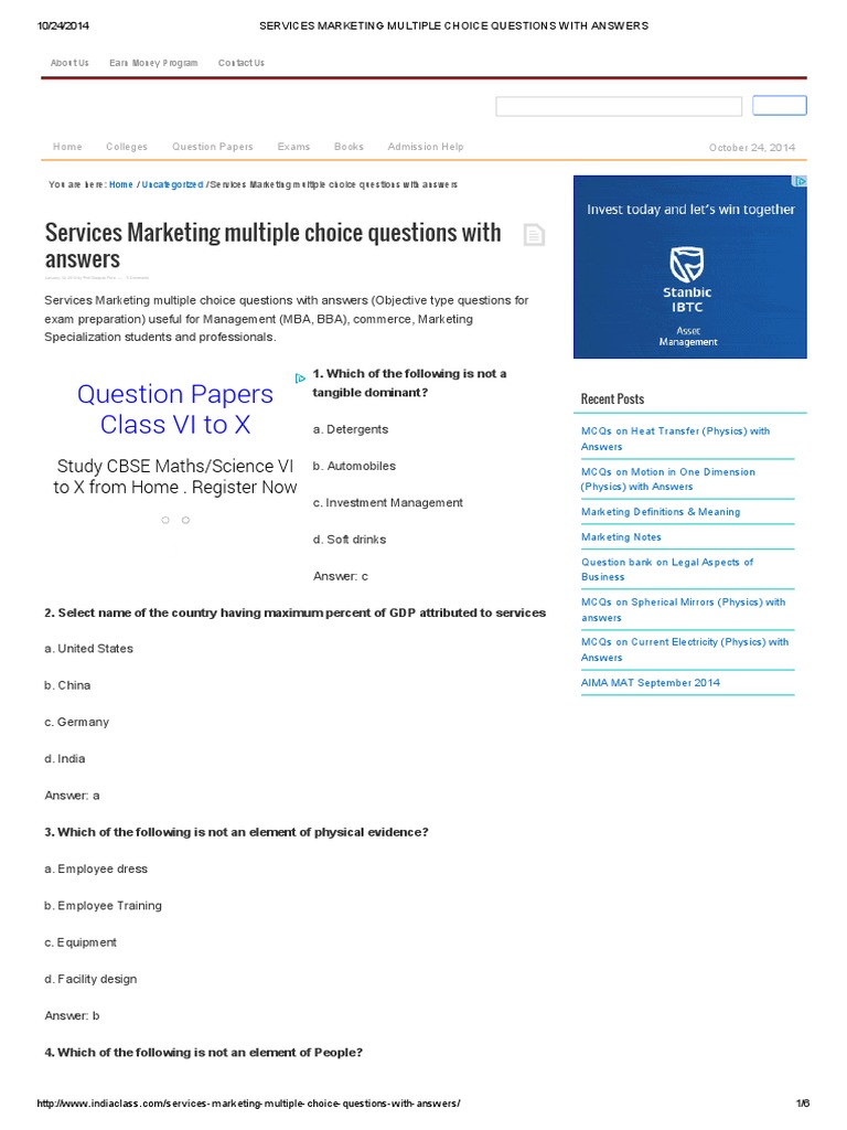 Services Marketing Multiple Choice Questions With Answers PDF | PDF ...