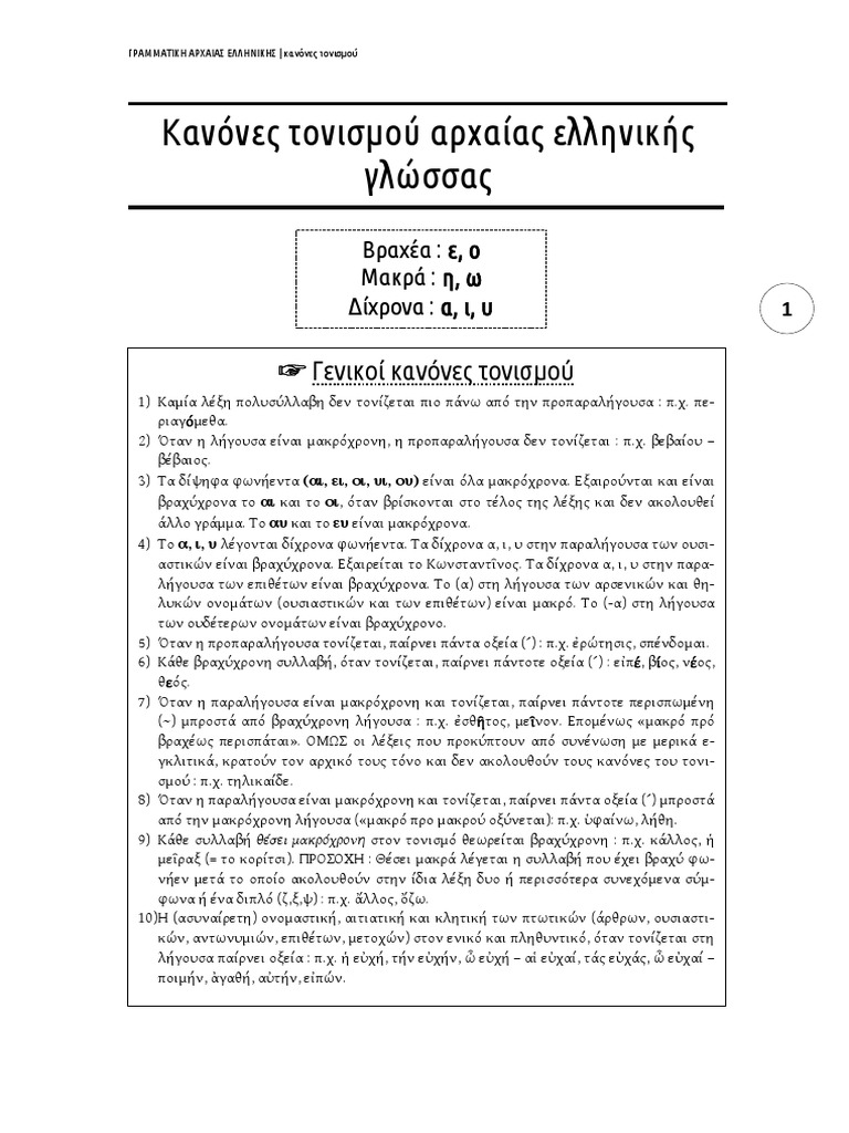 Κανόνες τονισμού αρχαίας ελληνικής γλώσσας PDF | PDF