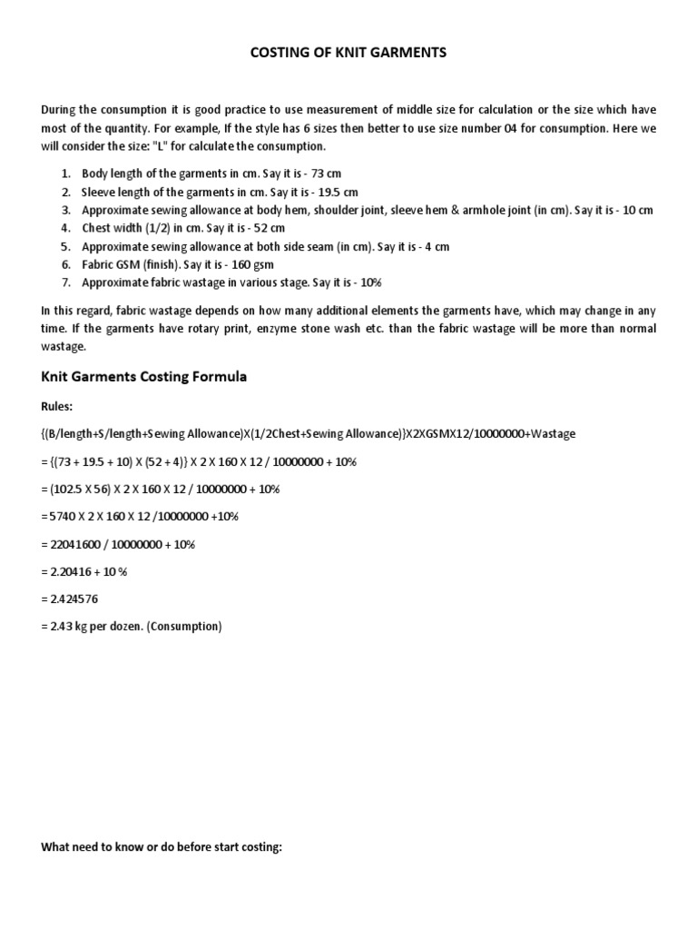 Knit Garments Costing Formula Guide | PDF | Yarn | Clothing