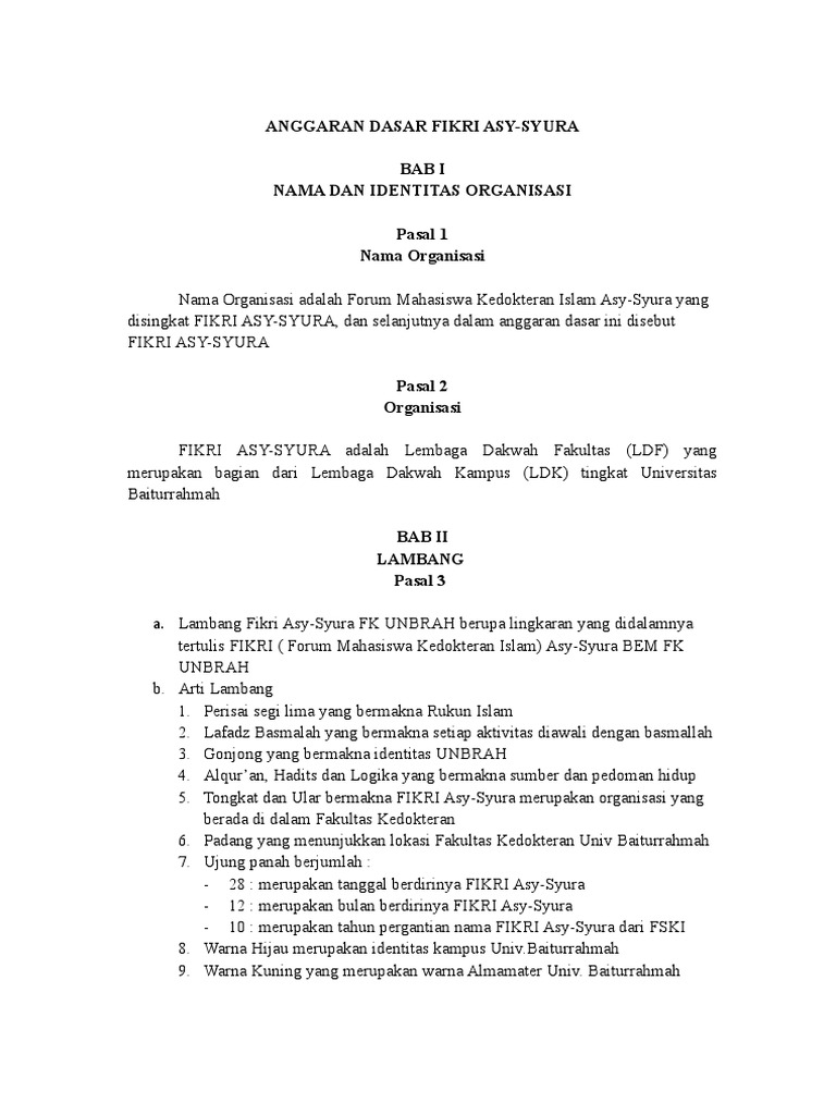 Anggaran Dasar FIKRI Asy-Syura | PDF