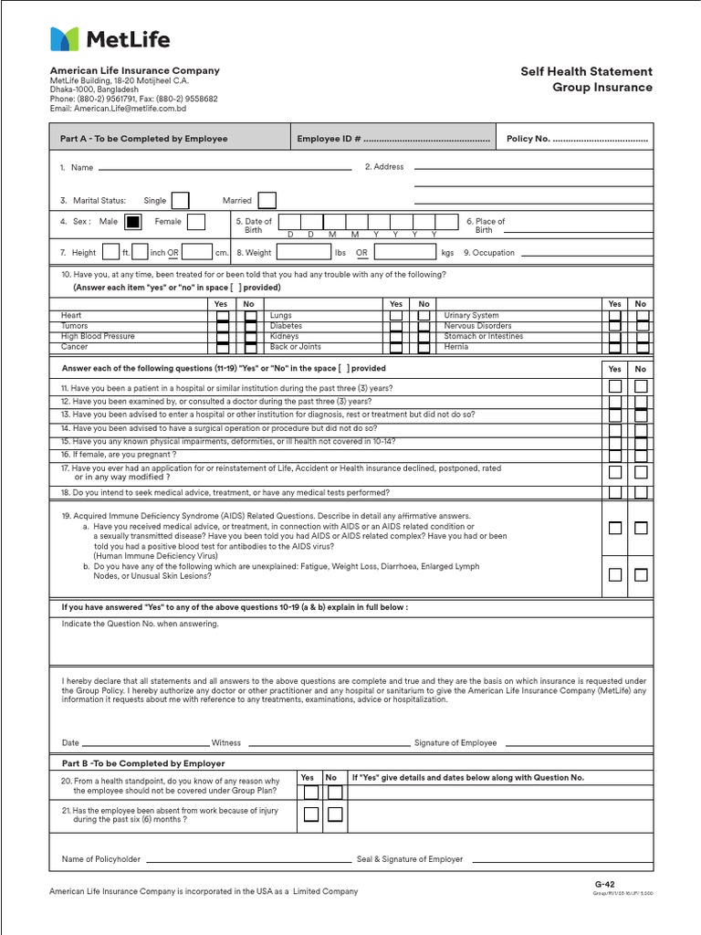 Health Statement (G-42) Form (Standard Employee) | PDF | Hiv/Aids ...