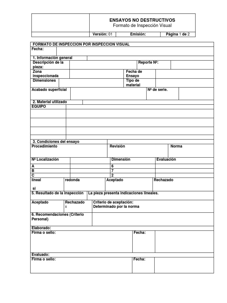 Formato de Inspección Por Inspeccion Visual | PDF