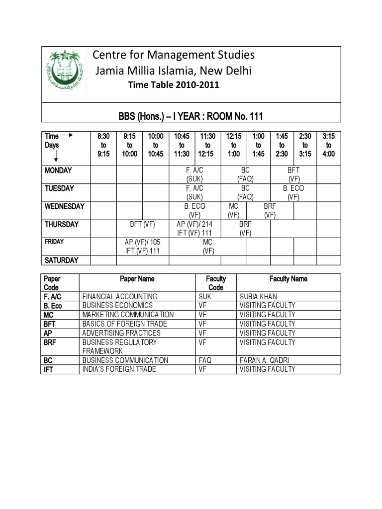 BBS 1st Year Timetable 2010-11 | PDF