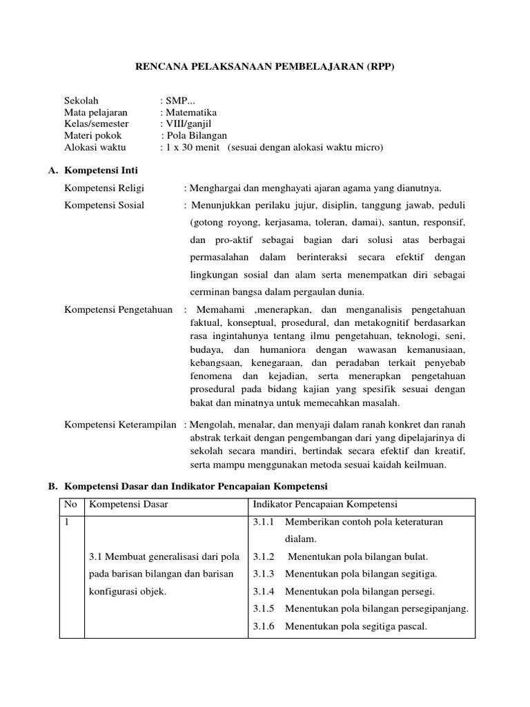 RPP Pola Bilangan | PDF