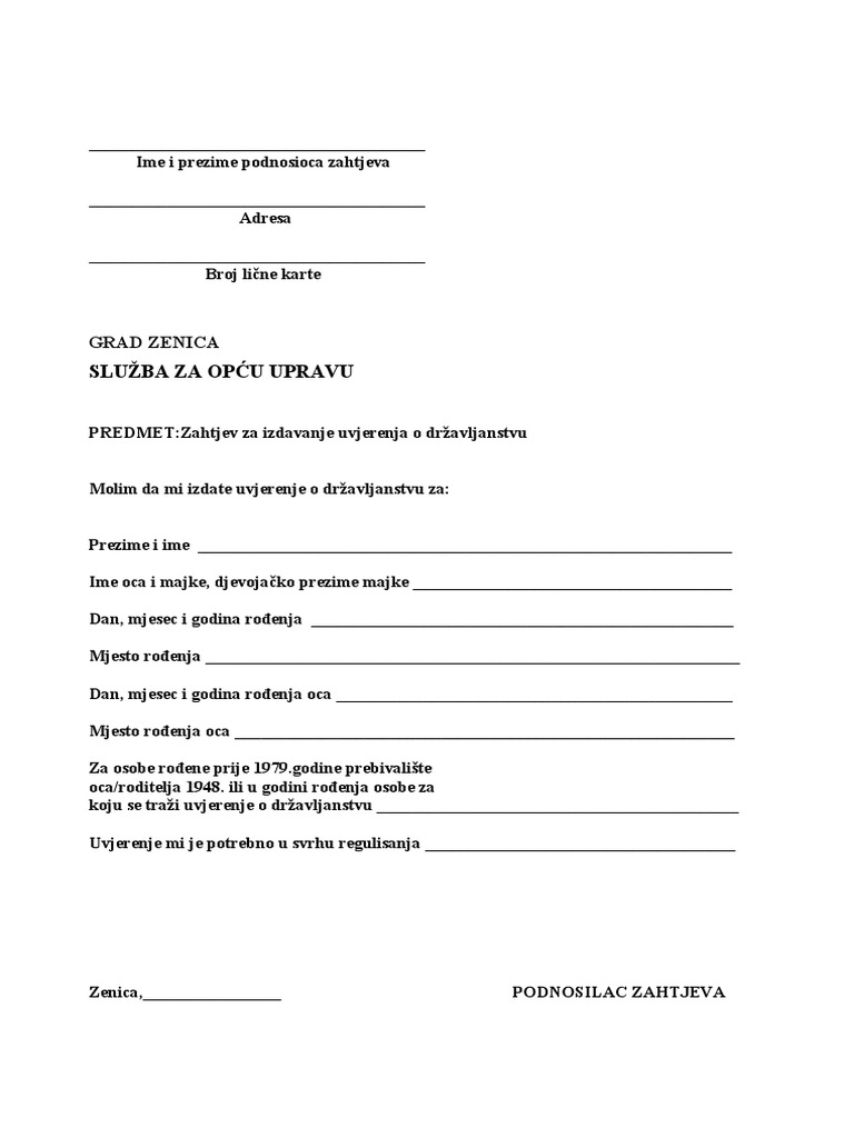 Zahtjev Za Uvjerenje o Drzavljanstvu | PDF