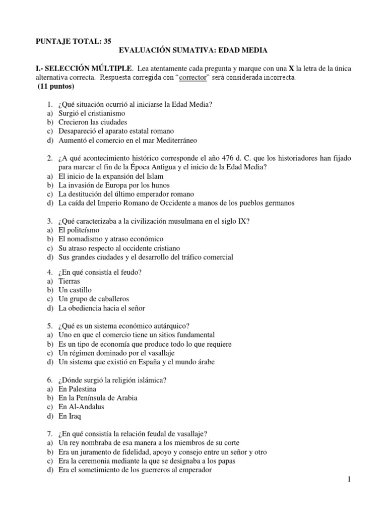 Prueba Edad Media | PDF | Edades medias | Feudalismo