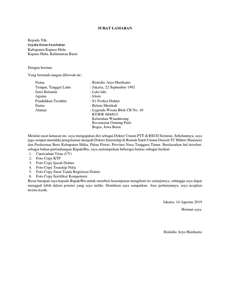 Surat Lamaran RSUD Semitau | PDF
