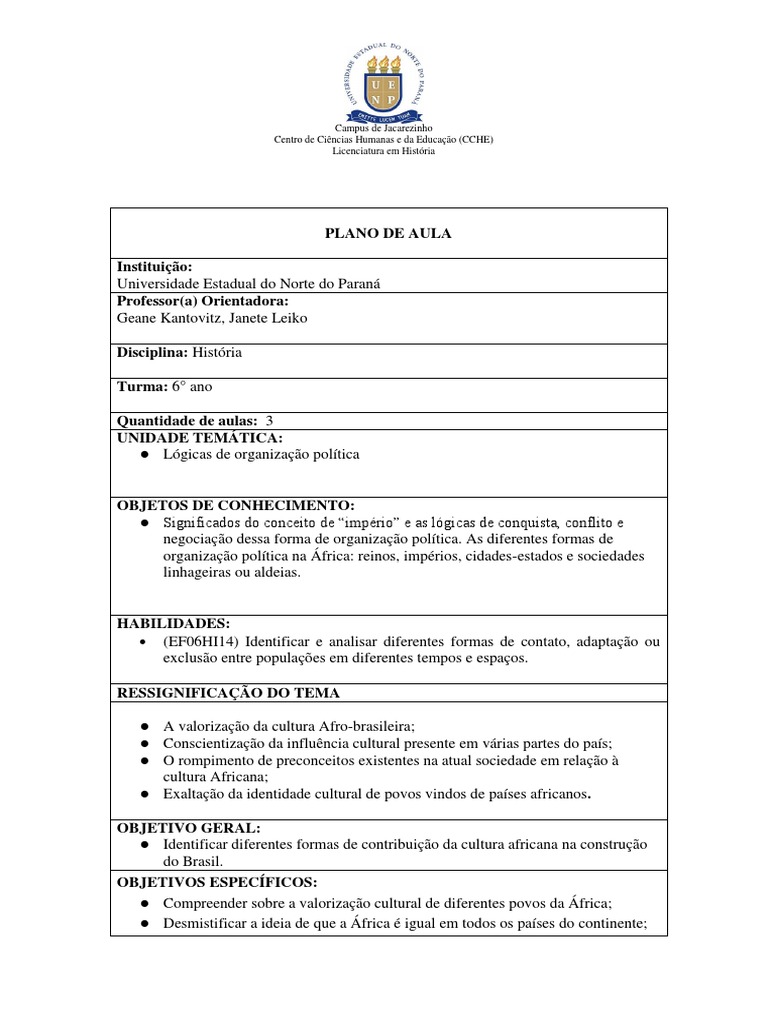 Plano de Aula de Acordo Com A BNCC Oficial | PDF | África | Humano