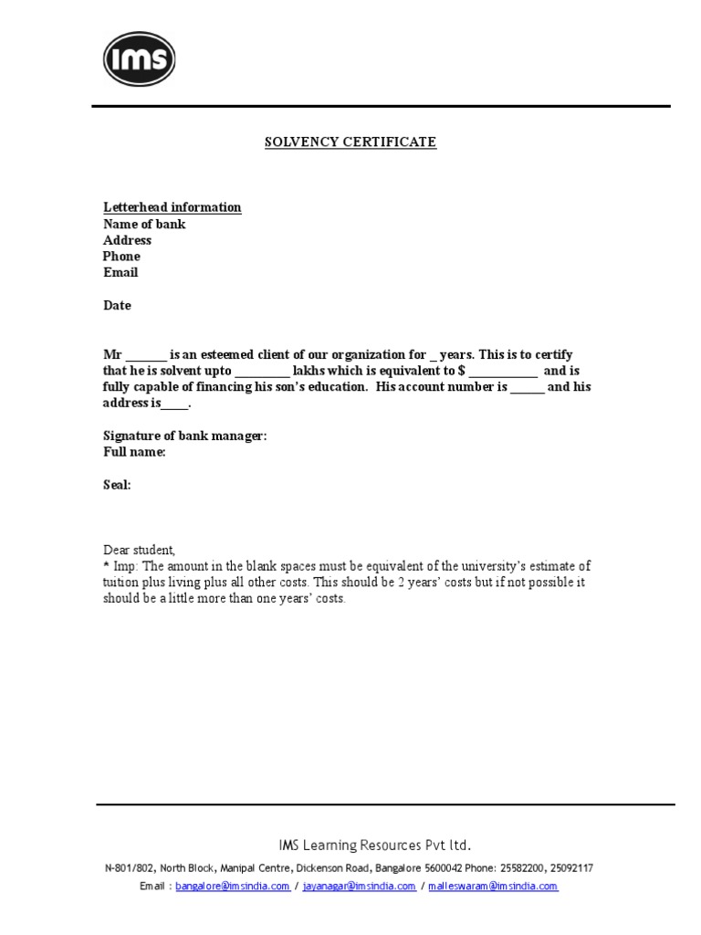 Solvency Certificate | PDF