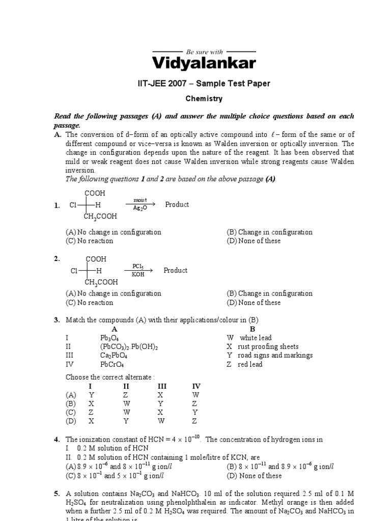 IIT-JEE 2007 Chemistry Sample Paper | PDF