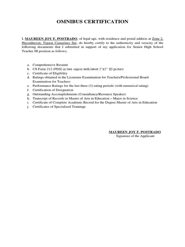 Omnibus Certification | PDF