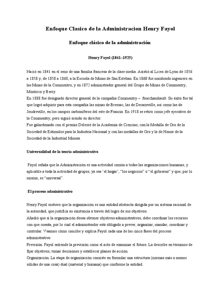 Enfoque Clasico de La Administracion Henry Fayol | PDF | Conocimiento | Estado (política)