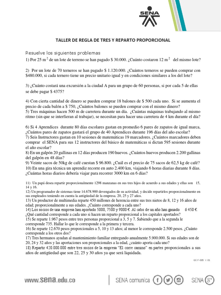 Taller Regla de Tres y Reparto Proporcional | PDF