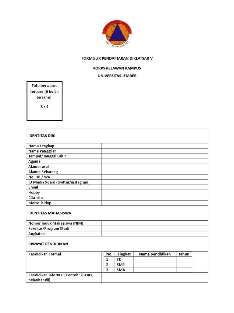 Formulir Pendaftaran Relawan UJ | PDF