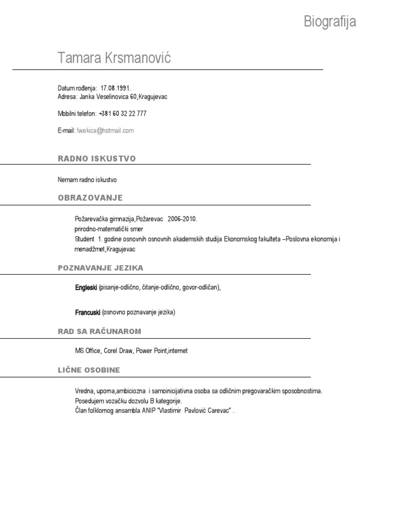 Biografija Tamara Krsmanović: Radno Iskustvo | PDF