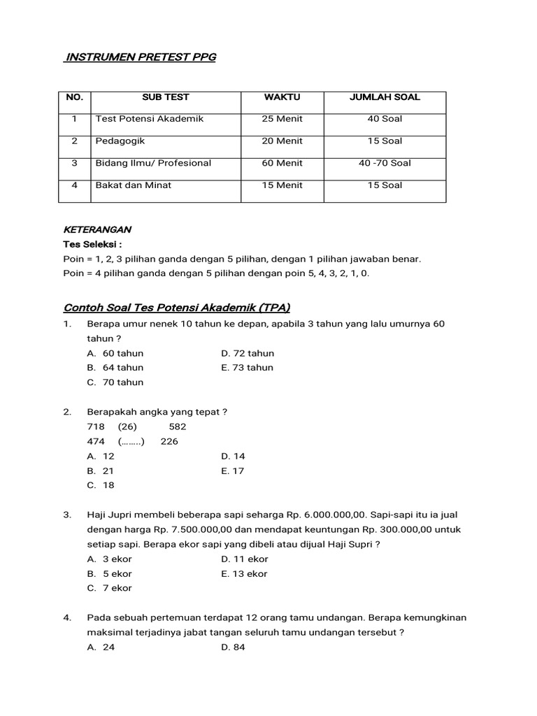 Instrumen Pretest PPG & Contoh Soal PDF | PDF