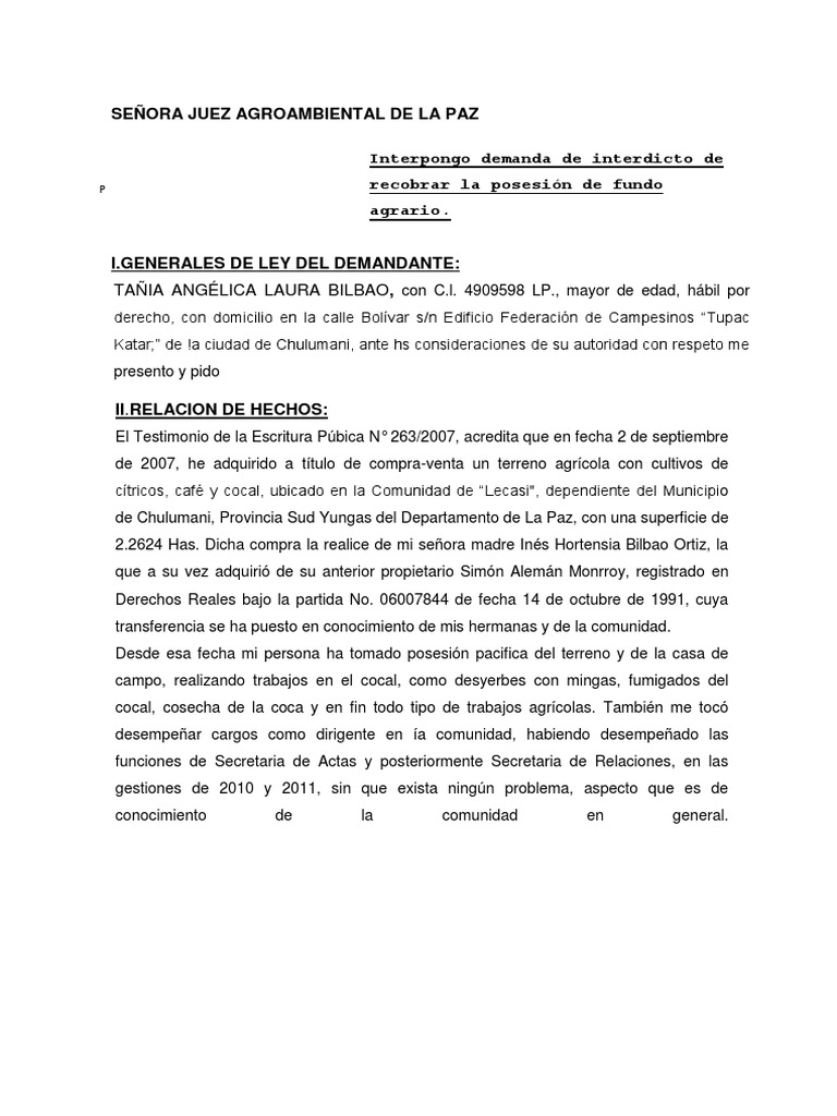 Demanda Agraria | PDF | Posesión (Ley) | Propiedad