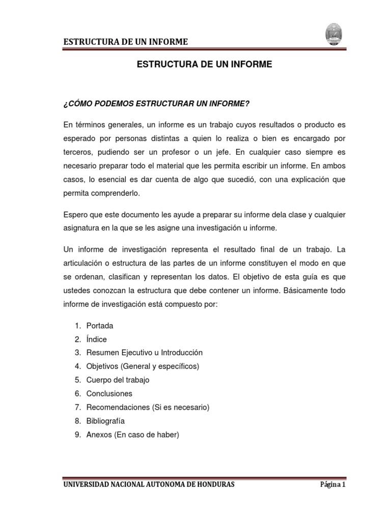 ESTRUCTURA de UN INFORME (Sugerencias Basicas Para Presentacion de Un Informe) | Bibliografía ...