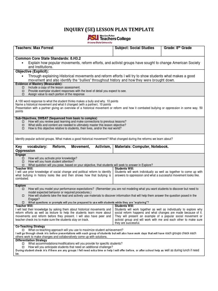 Inquiry 5e Lesson Plan Template 1 | PDF | Social Movements | Teachers