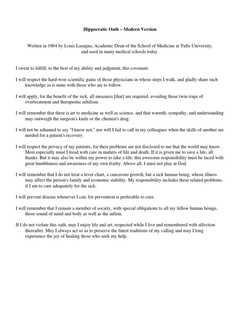 Modern Hippocratic Oath by Louis Lasagna | PDF